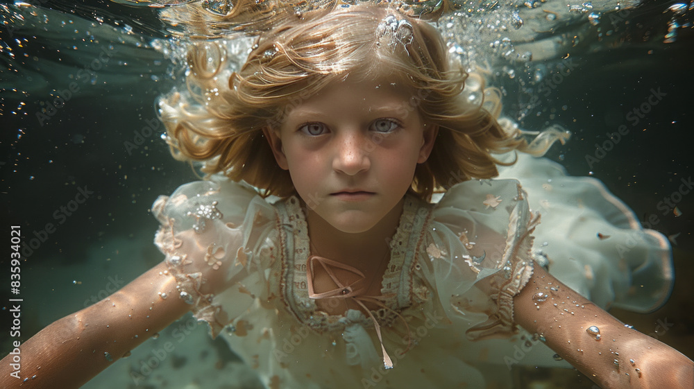 a , screaming, terrified ten year old girl sinking deep in water ...