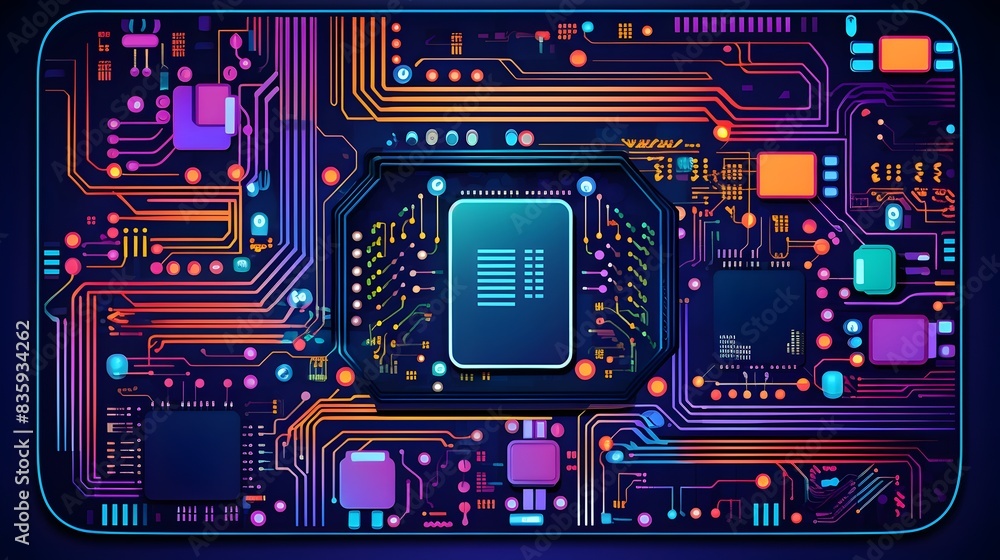 Vivid Digital Circuits Front View High-Tech Themed Flat Cartoon Drawing ...