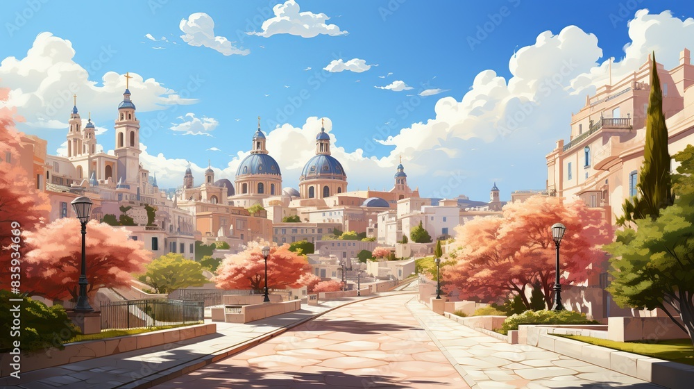 A vibrant city square with historic monuments, outdoor art ...