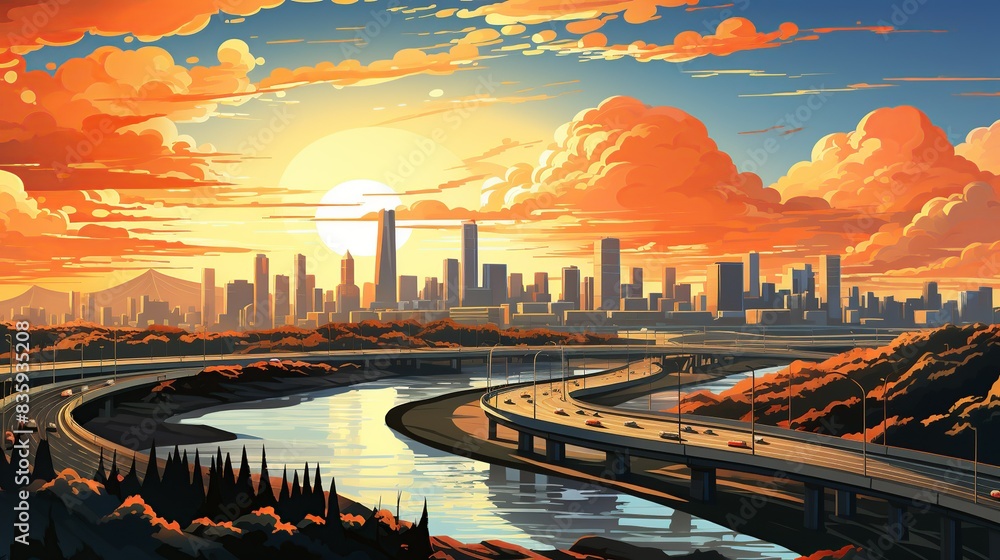 A dynamic cityscape with towering skyscrapers and a network of elevated ...