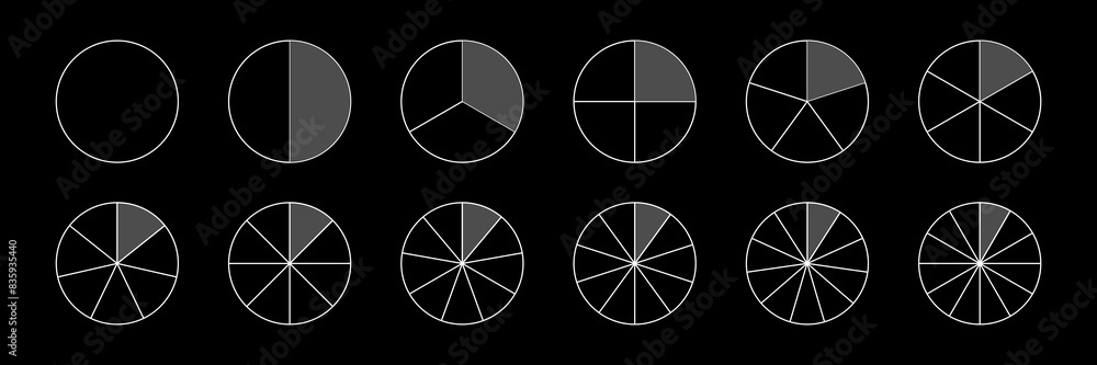 Pie chart divided in segments from 1 to 12 isolated on black background ...