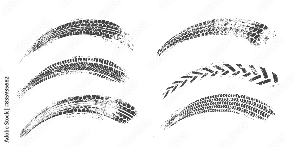 Tire tracks. Car, bike, motorcycle tyre marks with grunge effect set ...
