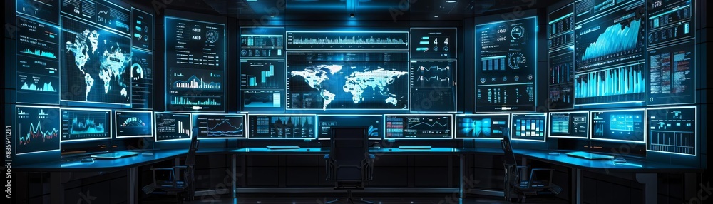 Futuristic command center with multiple digital screens displaying real-time data and analytics ...