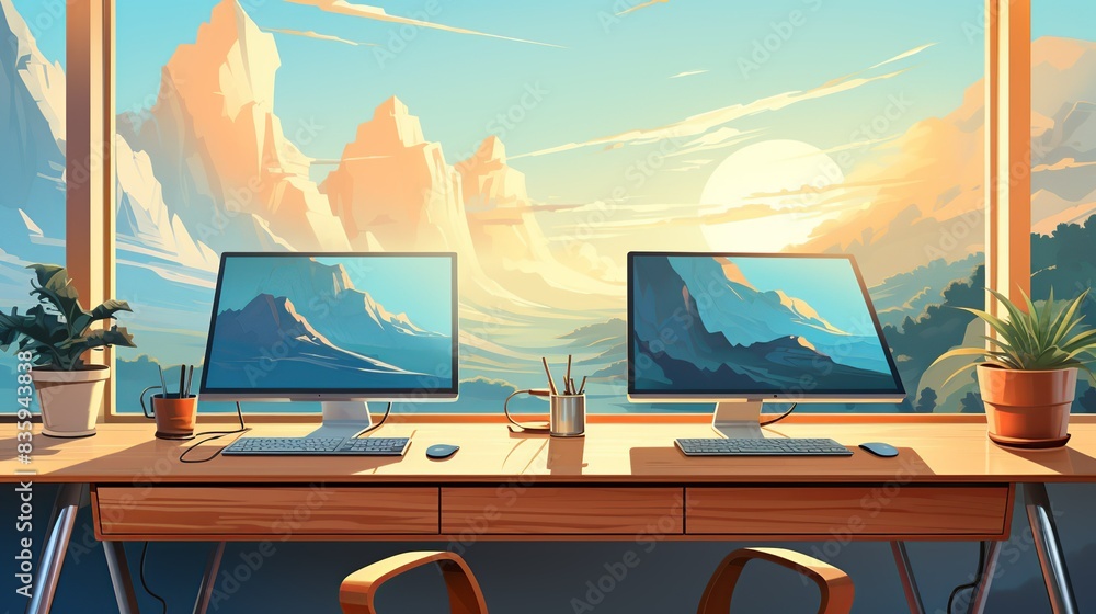 Dual monitor computer setup on a tidy desk, signaling technological ...