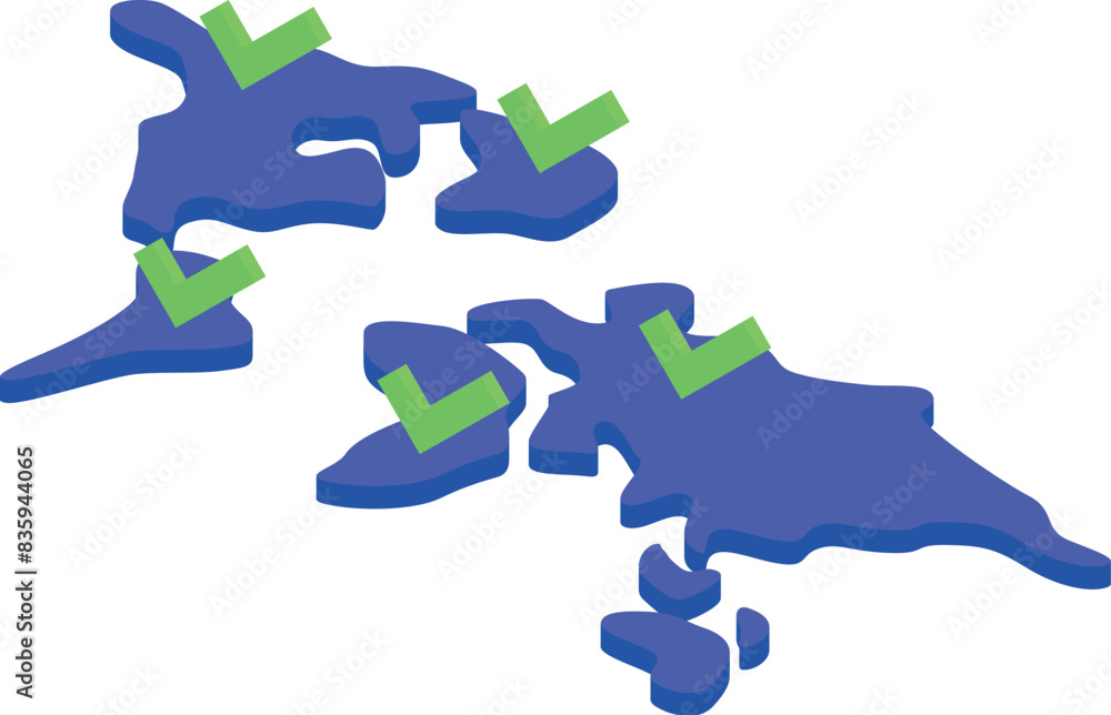 Stylized 3d world map in blue with green check marks at multiple ...