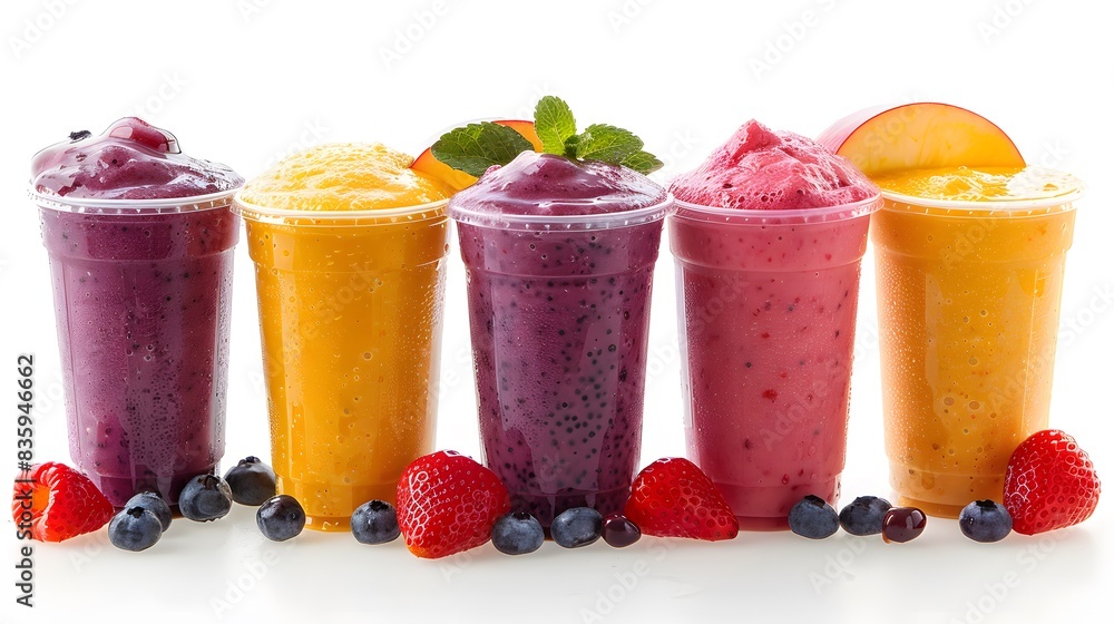 5 fruit smoothies in clear plastic cups against a white background ...