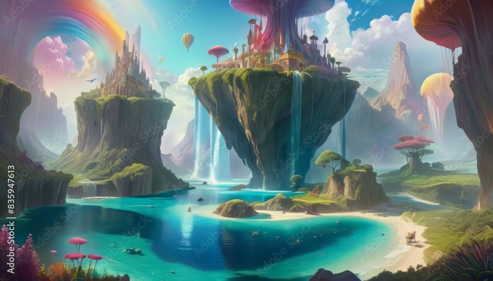 ภาพประกอบสต็อก Vibrant fantasy landscape featuring majestic waterfalls cascading from towering ...