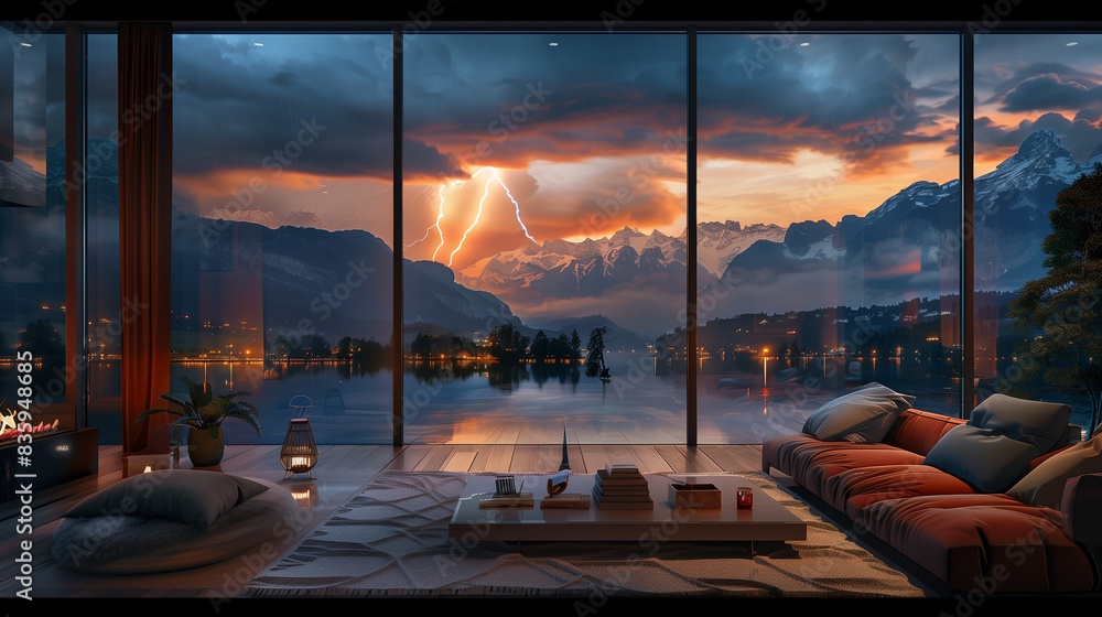 warm living room with big screen windows, like a cube, showing a ...