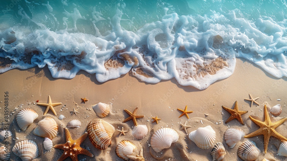 Sea beach with sand, sea waves, shells and star fish on tropical island ...