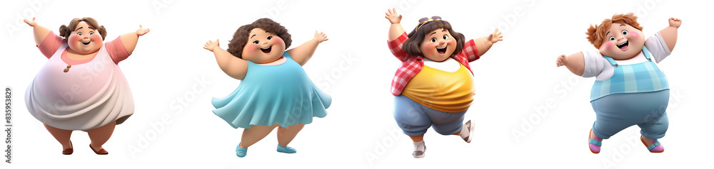 Set of 3d cartoon cute happy smiling fat woman standing dancing ...