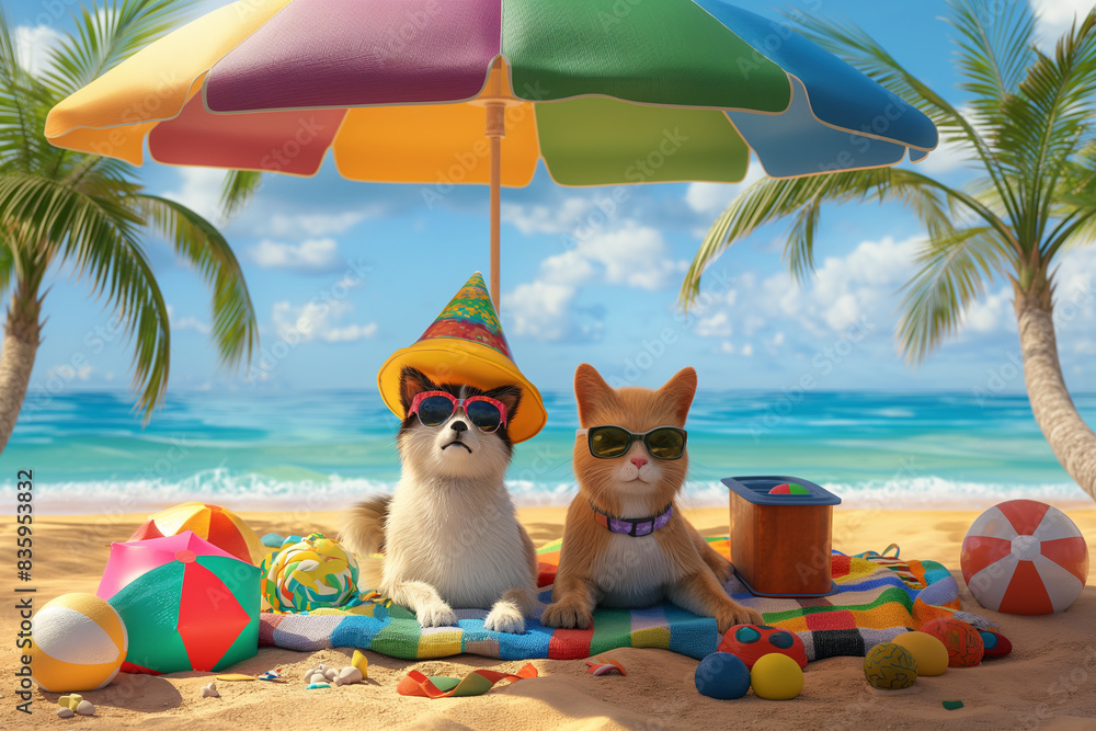 dog and cat on the beach, Celebrate the joy of summer holidays with a ...