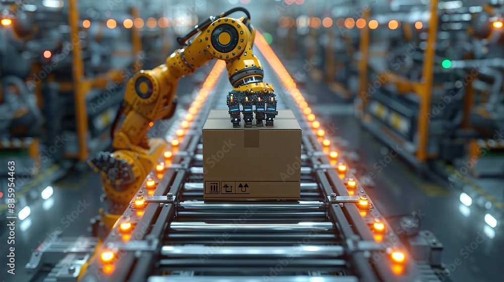 industrial robot arm grabbing the cardboard box on roller conveyor rack ...