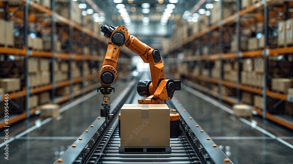 industrial robot arm grabbing the cardboard box on roller conveyor rack ...