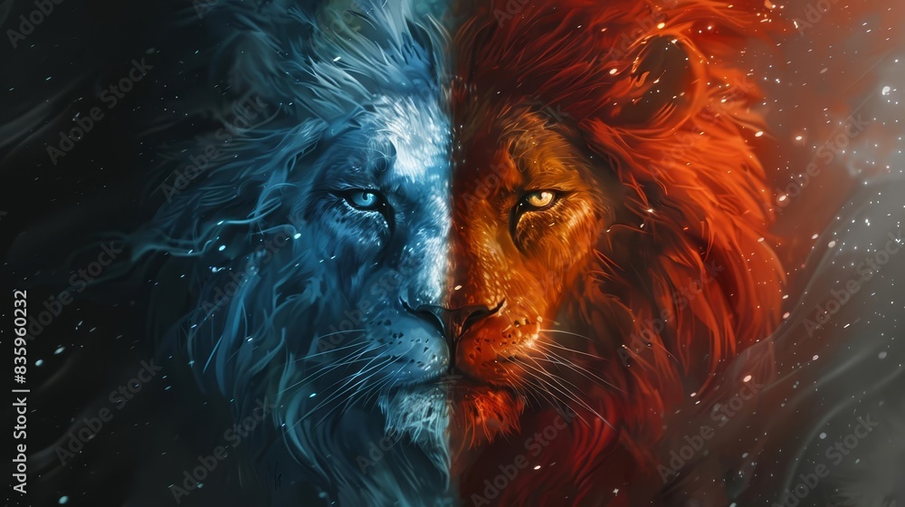 half blue lion and half red Lion, digital art style Stock Illustration ...