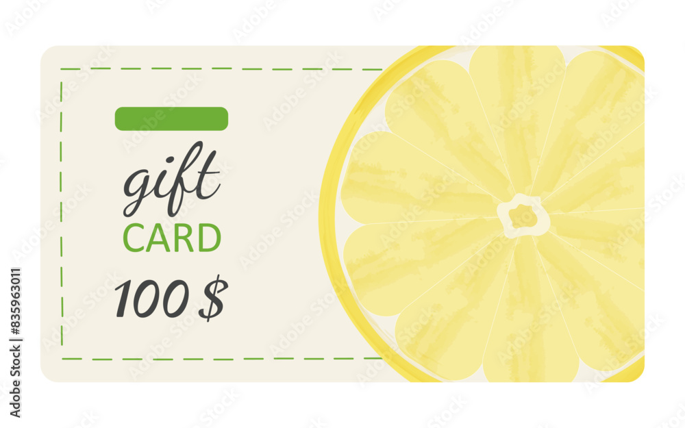 Gift card with a green outline and a round lemon slice. $100 voucher ...