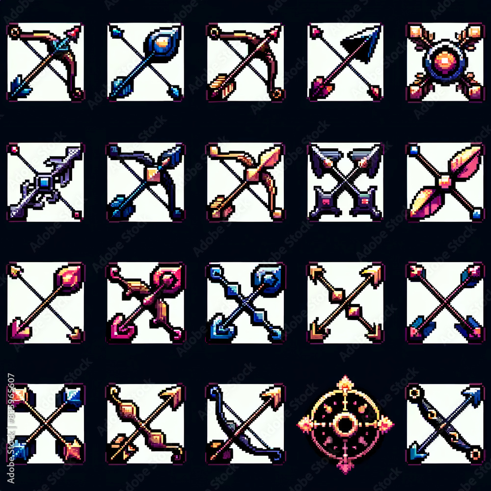 Sprite sheet featuring pixel art magic bows for RPG Stock Illustration ...