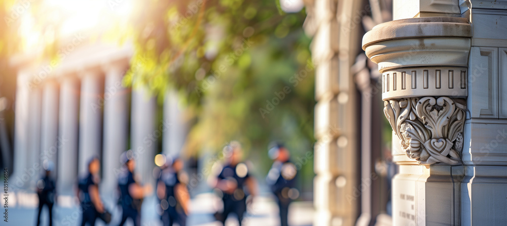a close-up image of the exterior of a historic police station with an ...