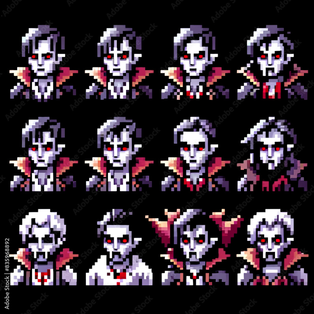 A sprite sheet featuring pixel art icons of a vampire for an RPG Stock ...