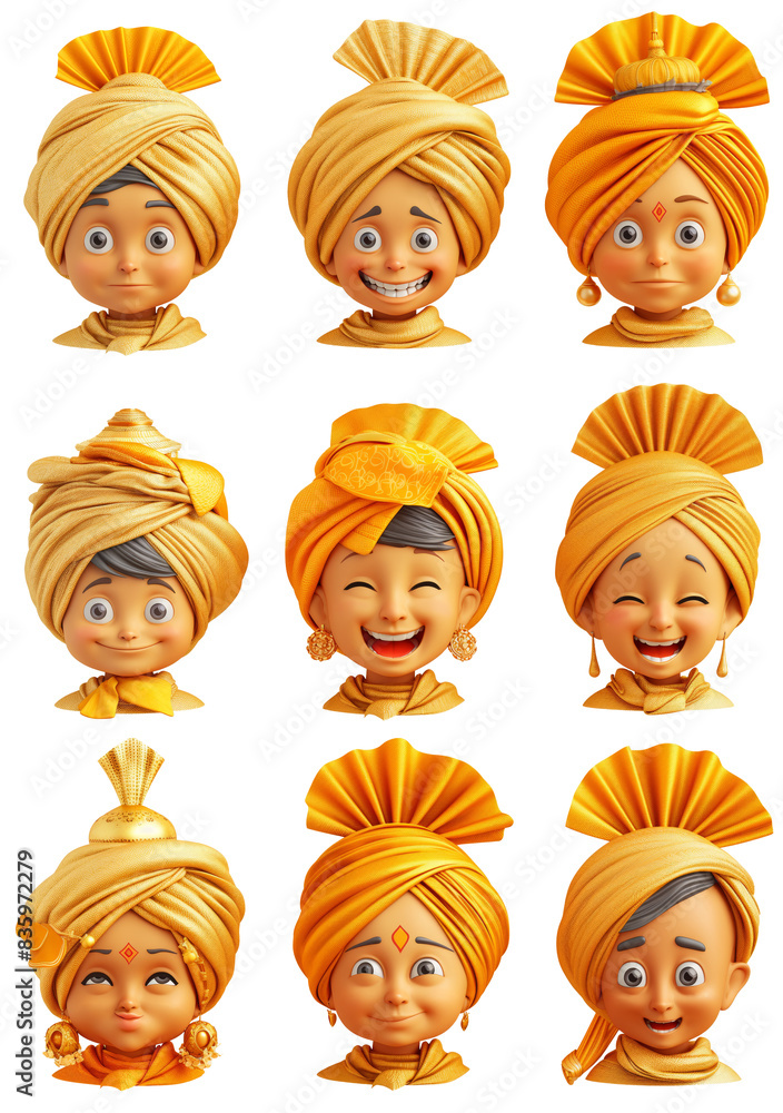 set of characters, stickers, emoji, cute boy in yellow turban, png ...