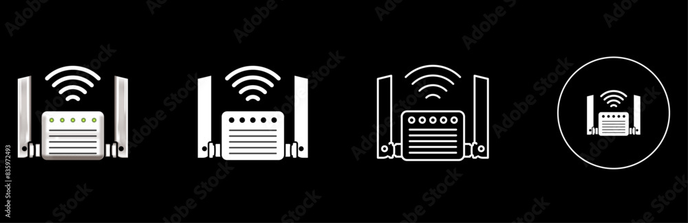 Router linear, filled, realistic various icon. Router related signal ...