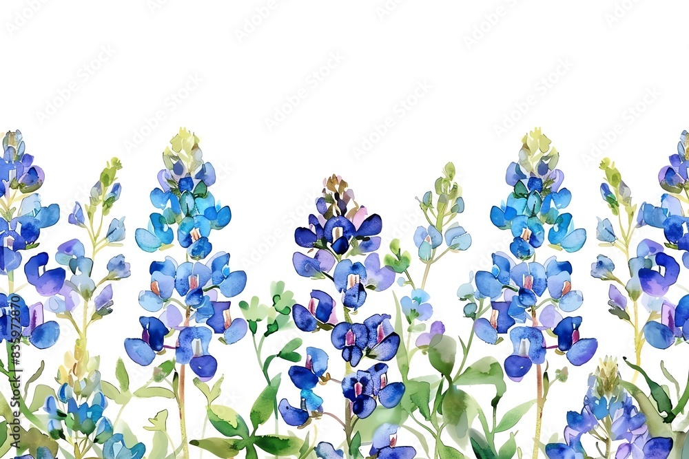 Bluebonnet, watercolor floral border, watercolor illustration, isolate ...