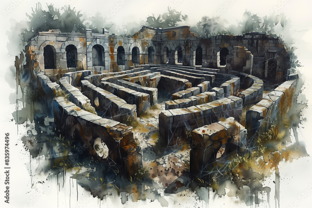 Labyrinth inside dark stone dungeon of castle with bats, spiders and ...