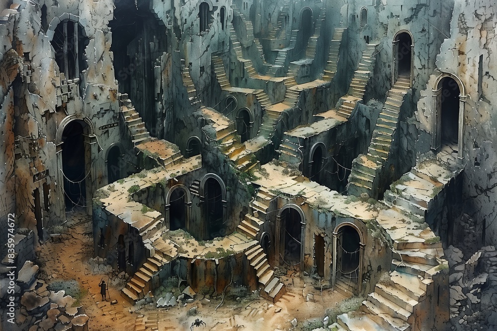 Underground labyrinth with a lot pof stairs inside stone dungeon of ...