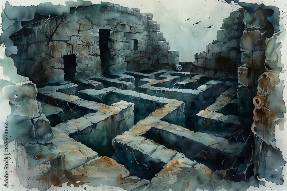 Underground labyrinth inside stone dungeon of castle with bats, spiders ...