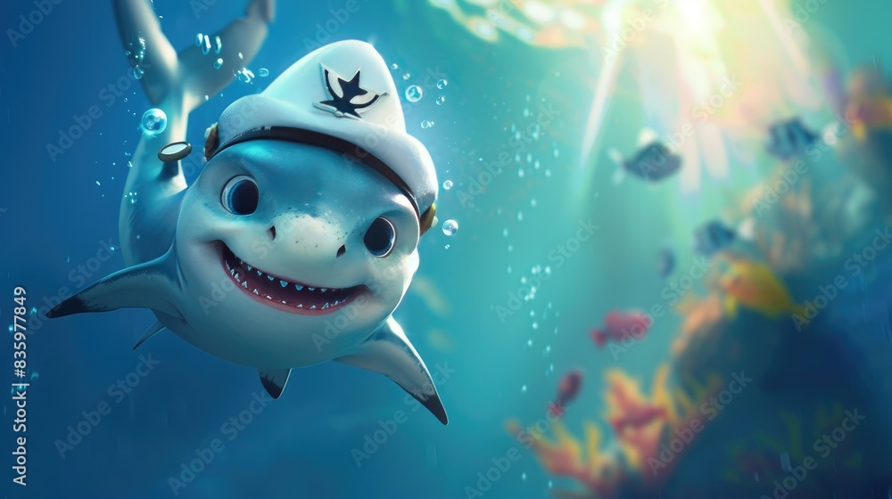 An adorable baby shark wearing a sailor hat, waving a fin cheerfully ...