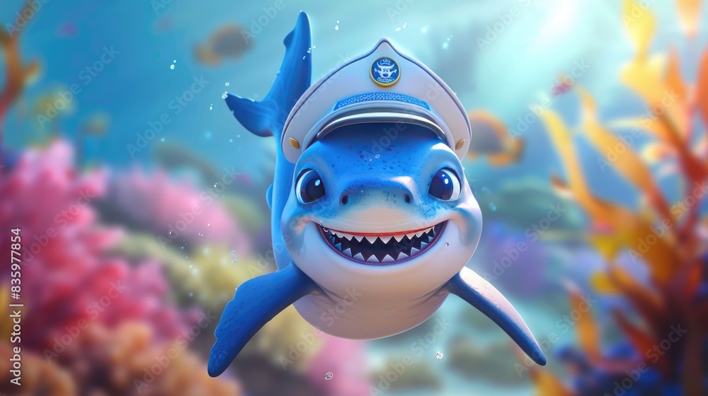 An adorable baby shark wearing a sailor hat, waving a fin cheerfully ...