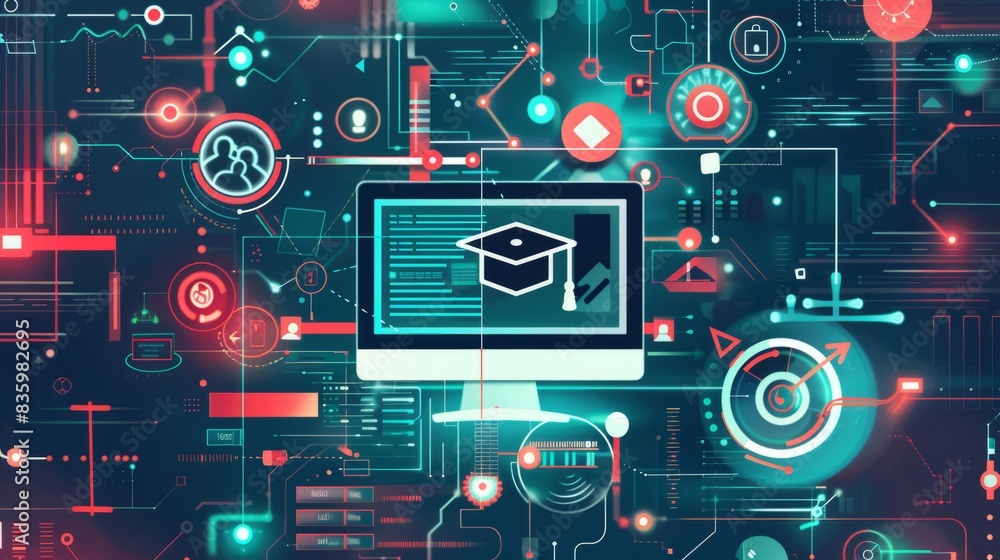 Digital background featuring icons of education and technology, such as ...
