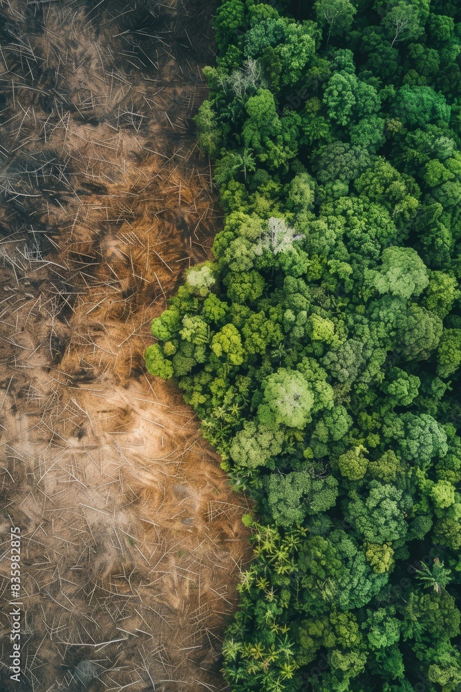 A dramatic aerial view of deforestation contrasting lush green ...