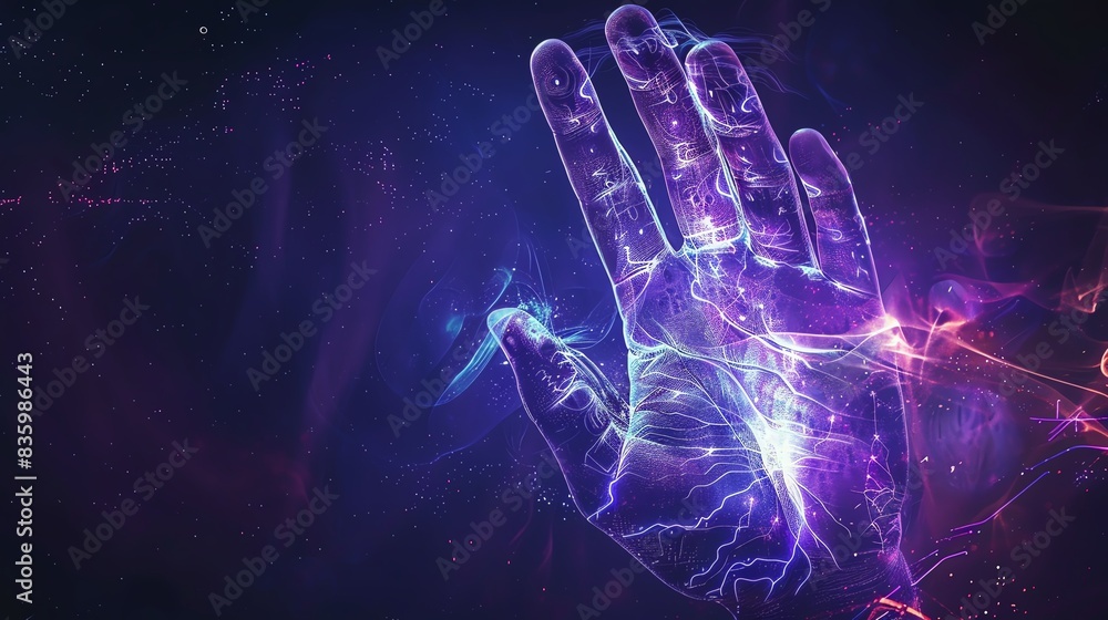 Palmistry, glowing palm lines, copy space, rich tones, double exposure ...