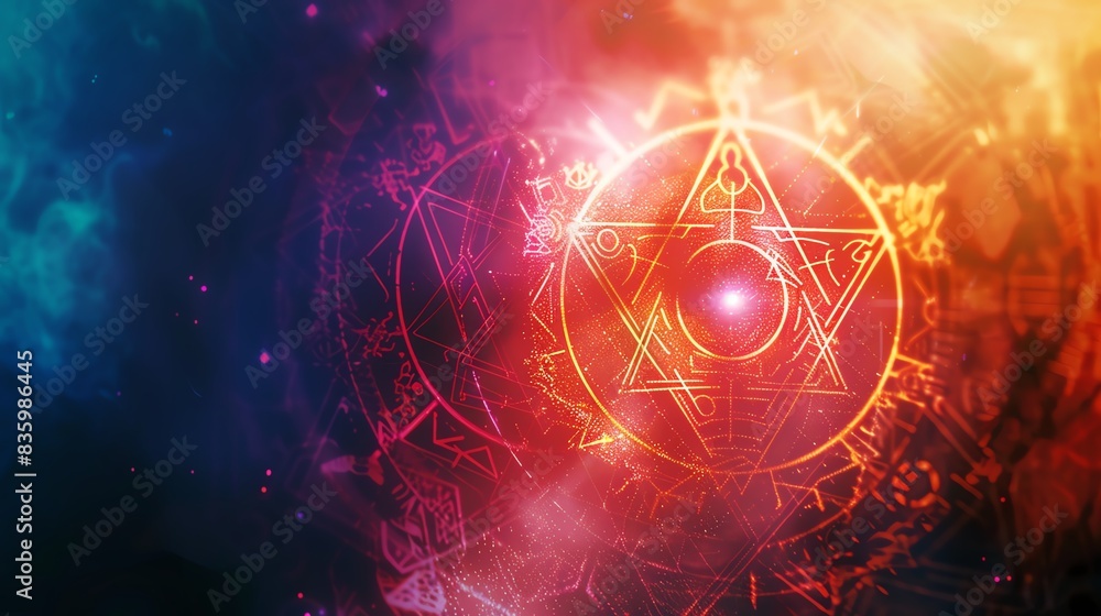 Occult symbols, arcane designs, close up, vibrant colors, double ...