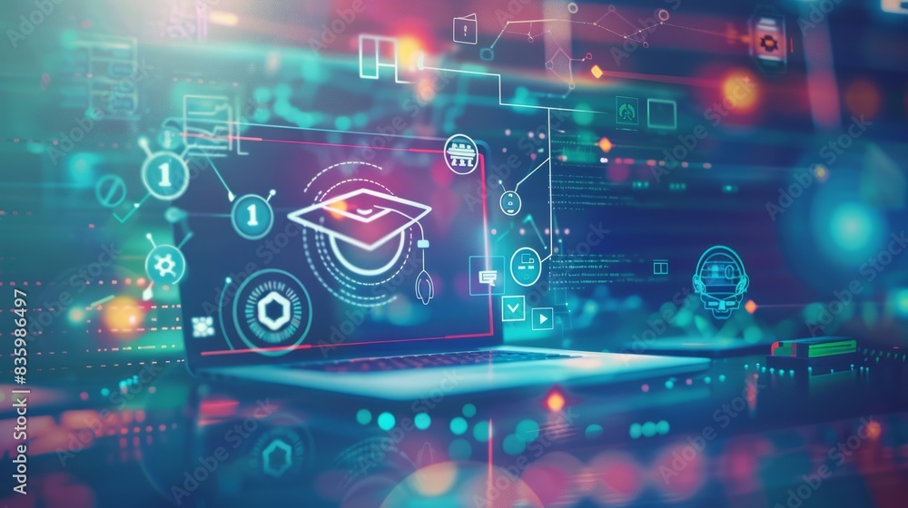 Digital icon of online education with icons and elements on a blurred ...