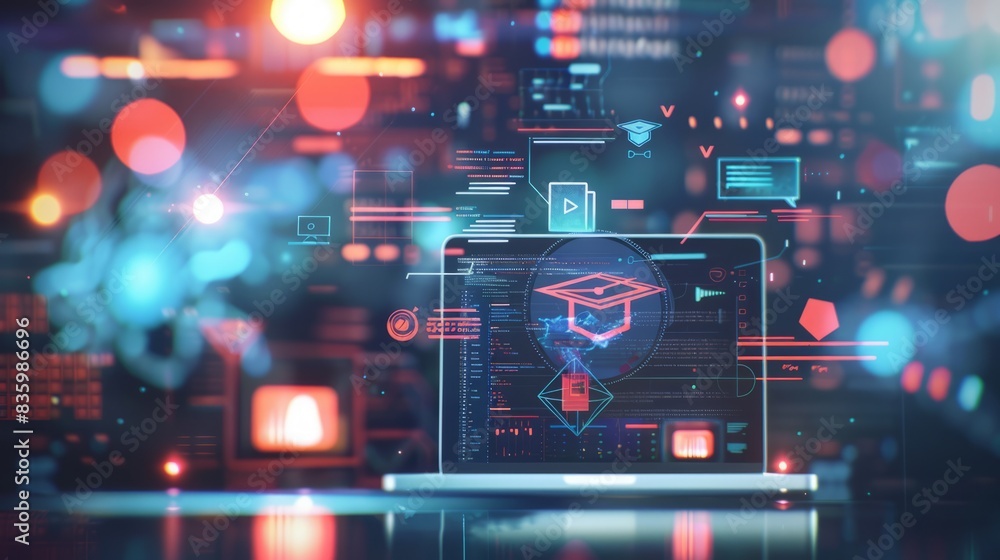 Digital icon of online education with icons and elements on a blurred ...