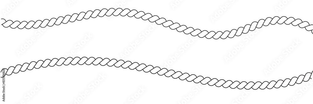 Straight and wavy rope, black monochrome silhouette and outline. Flat ...