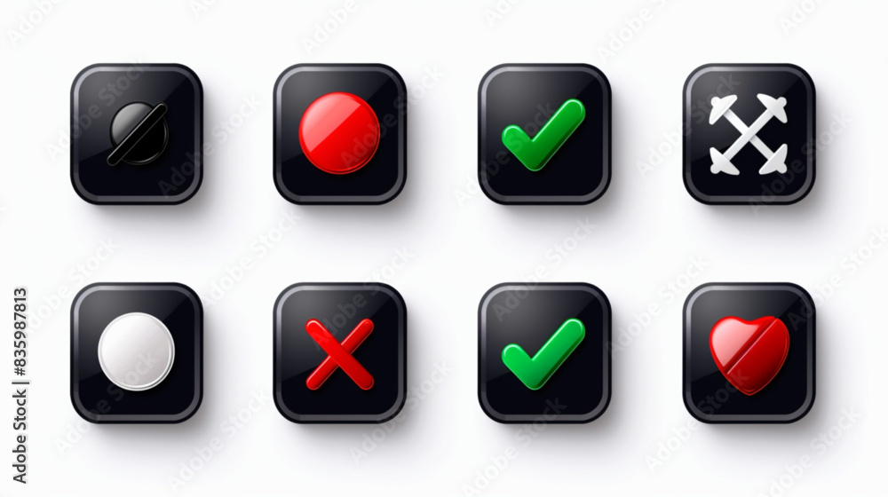Right and wrong 3D buttons. Tick cross, red and green glossy round and ...