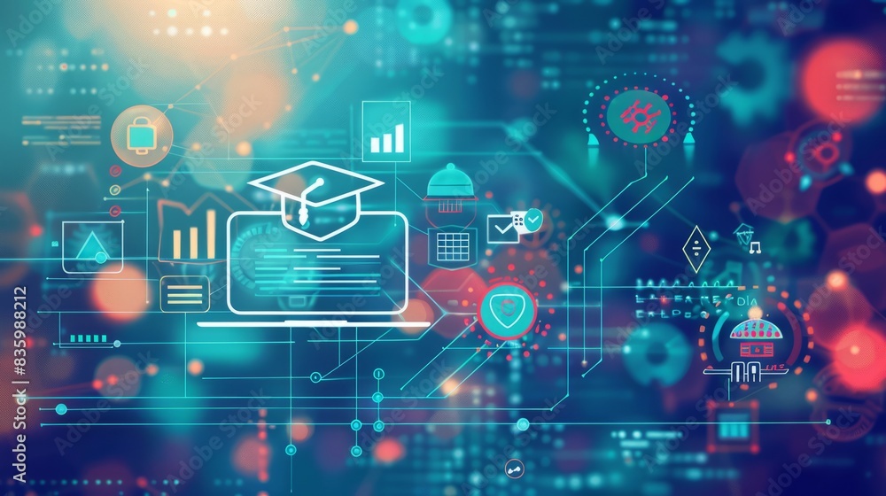 Digital illustration of an online education platform with icons ...