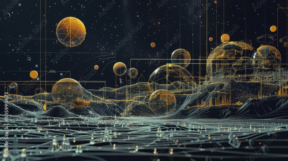 The image is a computer-generated landscape with a starry sky, glowing ...