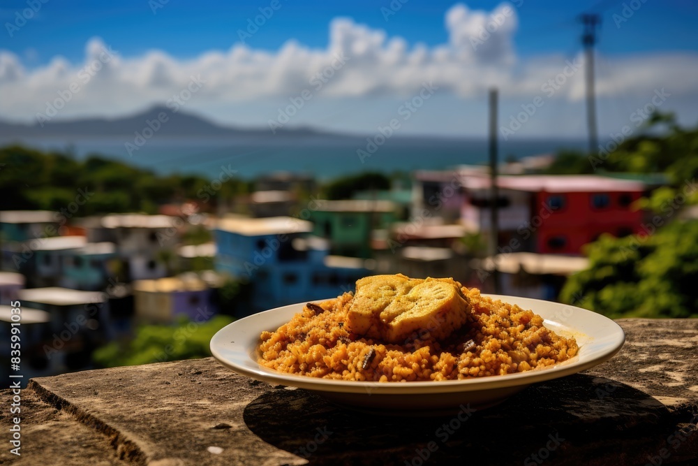 Puerto Rican mofongo with a view of a vibrant San Juan village. Stock ...