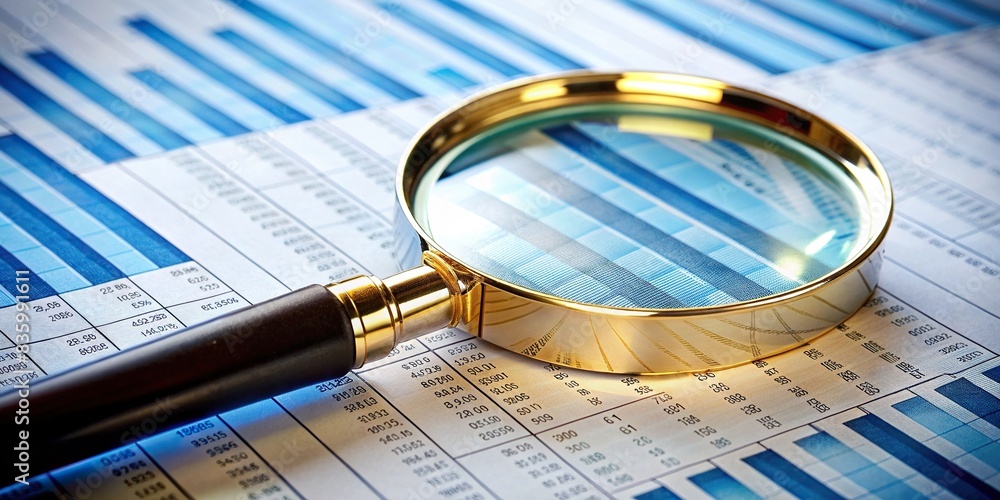 Magnifying glass focused on a detailed business document, magnifying ...