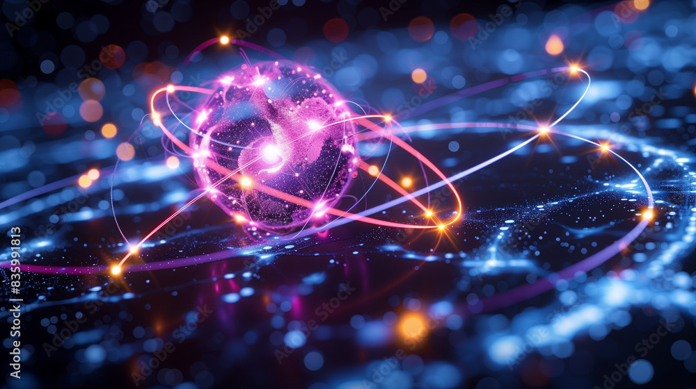 A glowing 3d model of purple atom with nucleus surrounded by orbital ...