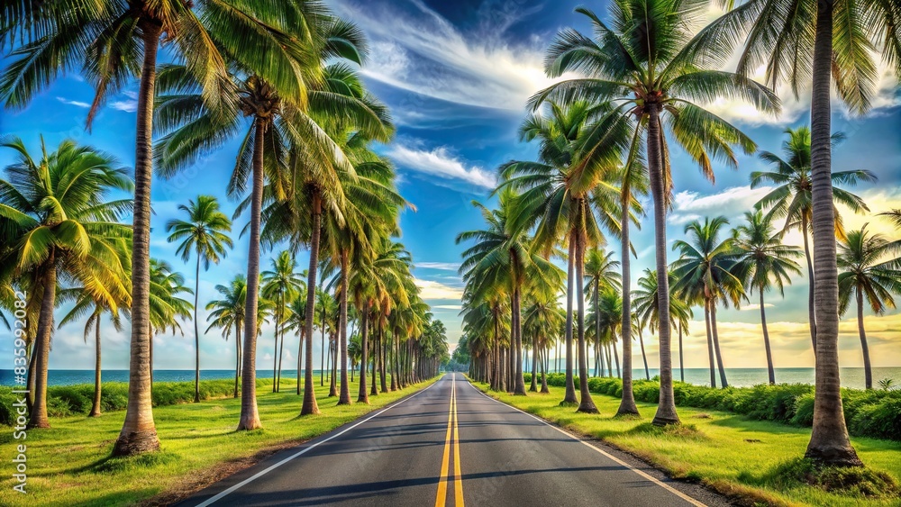 Tropical road with palm trees and blue sky background , tropics, road ...