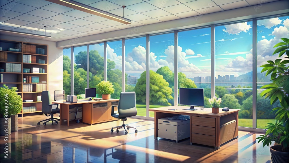 Anime-style of an office interior with a peaceful landscape outside ...