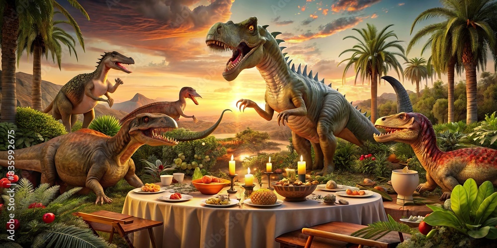 Dinosaur themed prehistoric dinner scene , dinosaurs, prehistoric, food ...