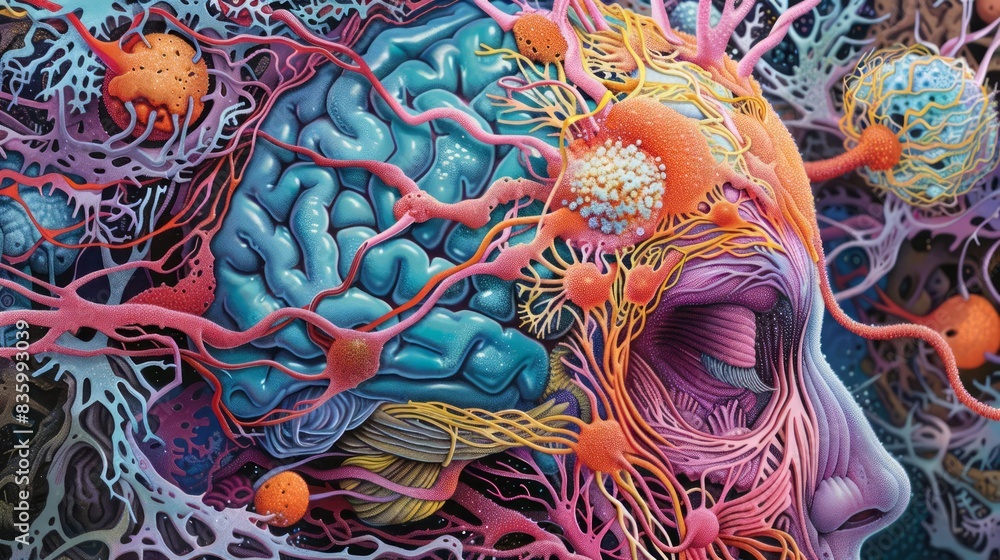 Focus on the vibrant colors and detailed anatomy of the nervous system ...