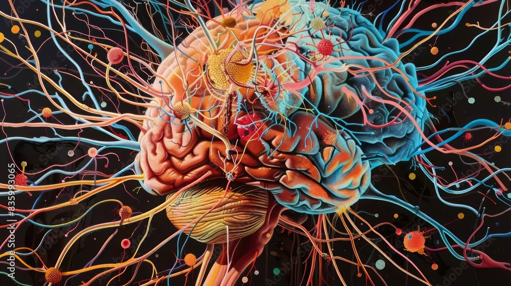 Focus on the vibrant colors and detailed anatomy of the nervous system ...