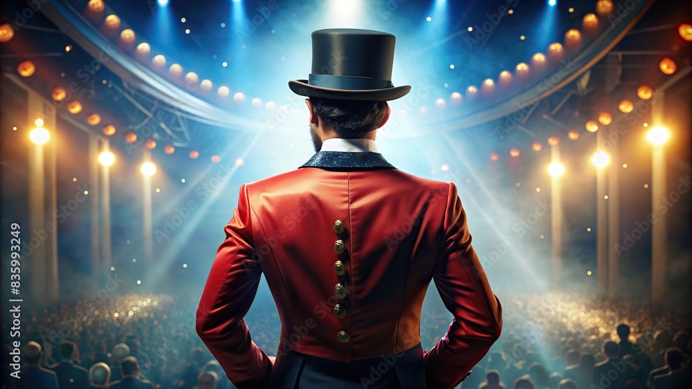 ภาพประกอบสต็อก Back view of a circus ringmaster with top hat and coat ...
