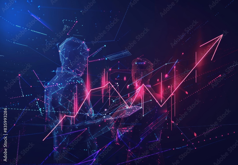 A trader with a tablet and rising arrow signs illustrates an abstract ...